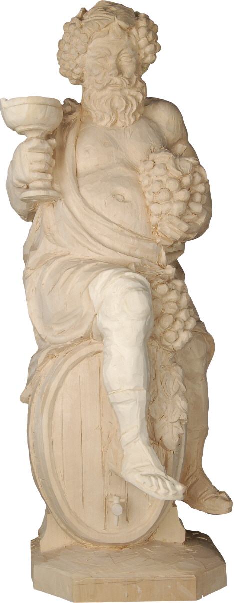 Bacchus holz, Weingott geschnitzt, Bacchus auf Weinfass geschnitzt