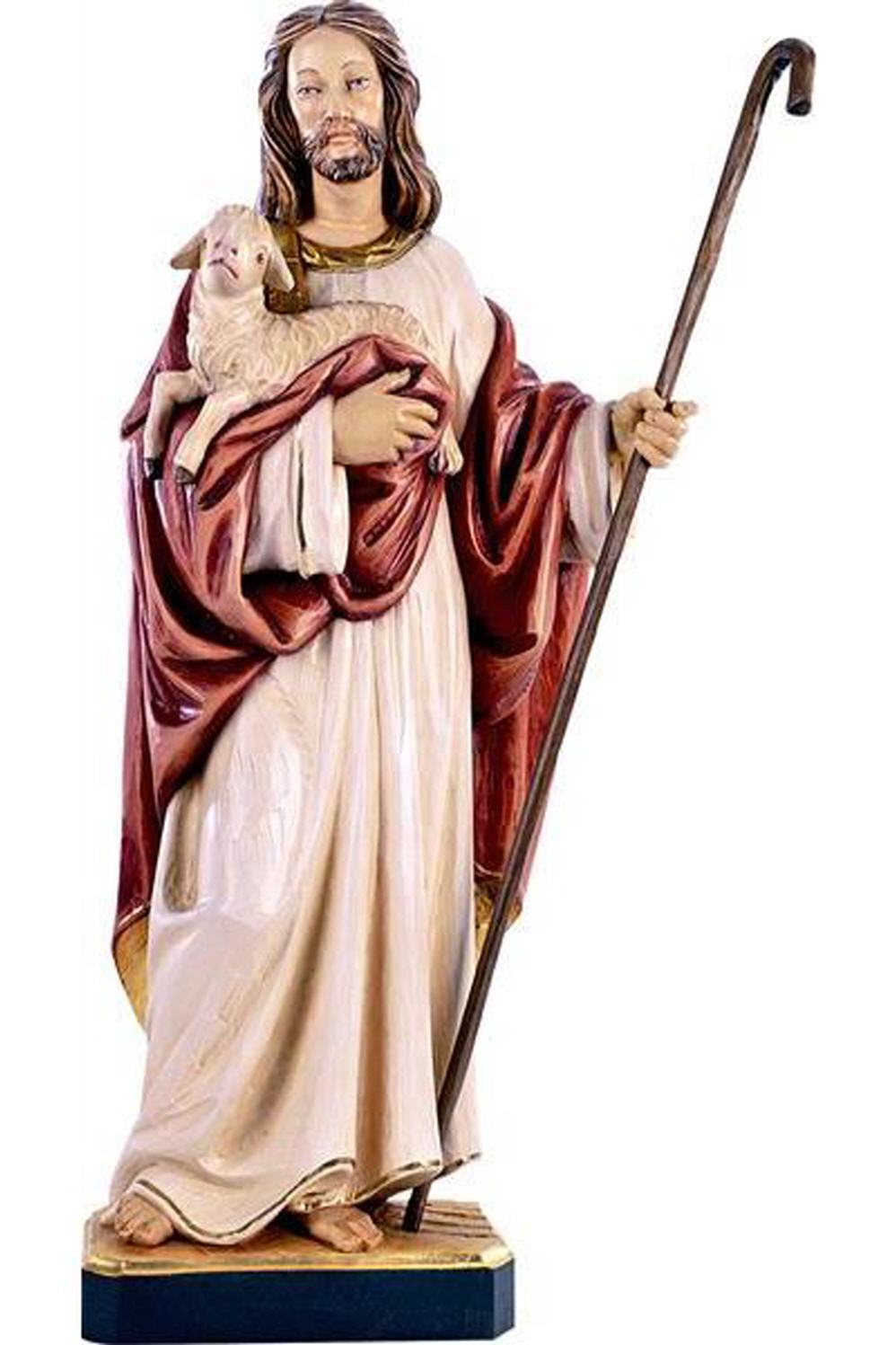 Jesus der gute Hirte aus Holz, geschnitzter Jesus als Hirte,